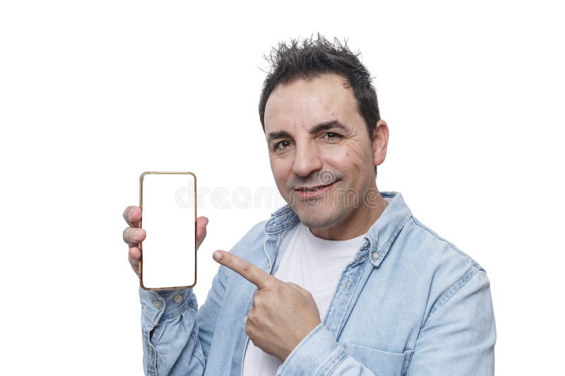 Man Points at Smartphone with a Blank Screen while Smiling in a Bright ...