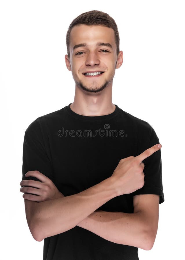 Smiling Man Points Down To an Empty Space. Stock Photo - Image of ...