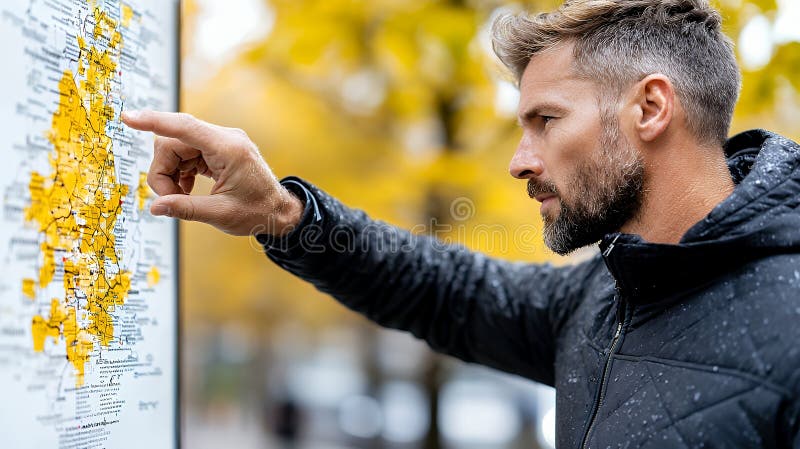 Man Points To Map while Exploring Outdoors Looking for Directions Stock ...