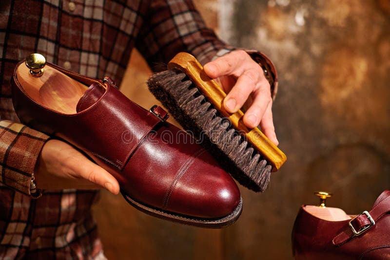 Man Polishing Leather Shoes with Brush. Stock Photo - Image of clean ...