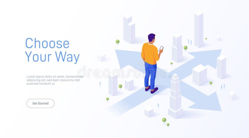 Man Pondering Choices at a Question Mark Crossroad with Multiple Arrows ...