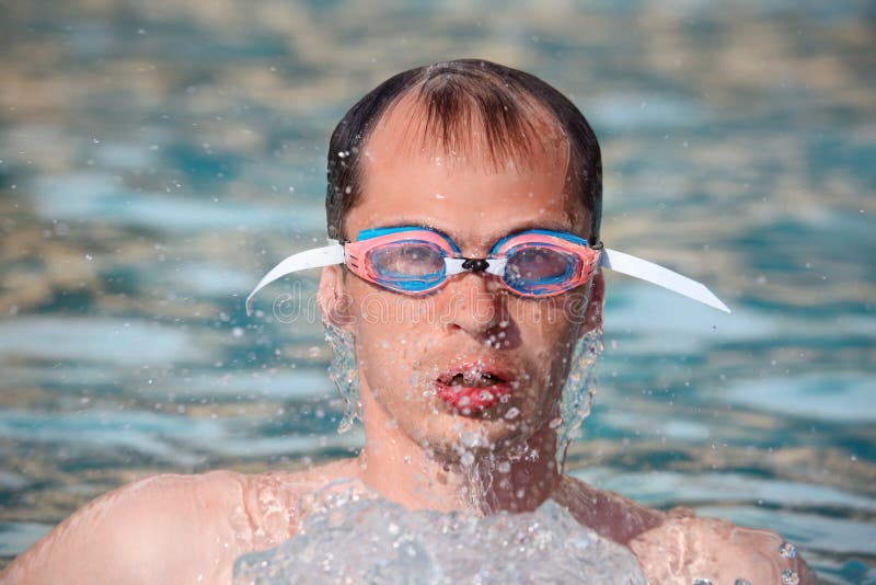 Man in Pool, Come Up from Water Stock Photo - Image of head ...
