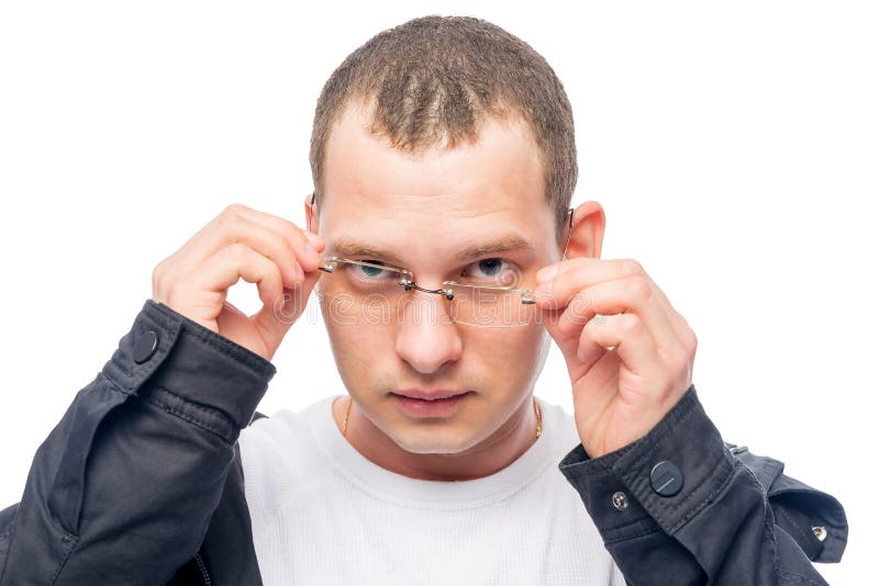 A Man with Poor Eyesight Correcting Glasses Stock Image - Image of ...