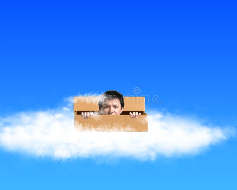 Man Pop Out His Head Outside the Box on the Clouds in Sky Background ...