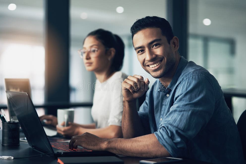Man, Portrait and Happy Programmer on Laptop in Office for Deadline at ...