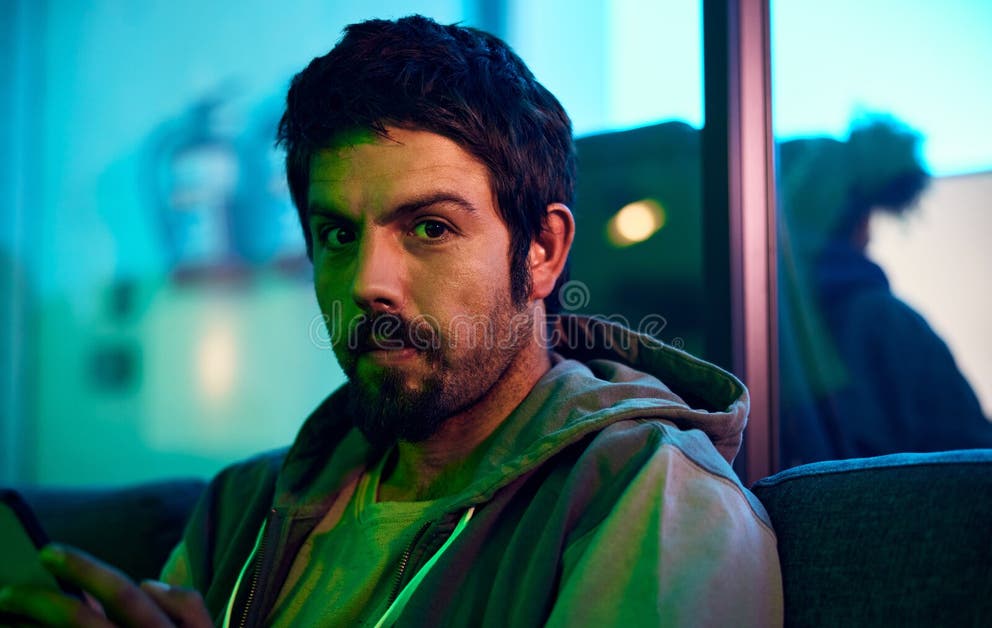 Man, Portrait or Phone Hacking in Neon Garage on Cybersecurity App ...