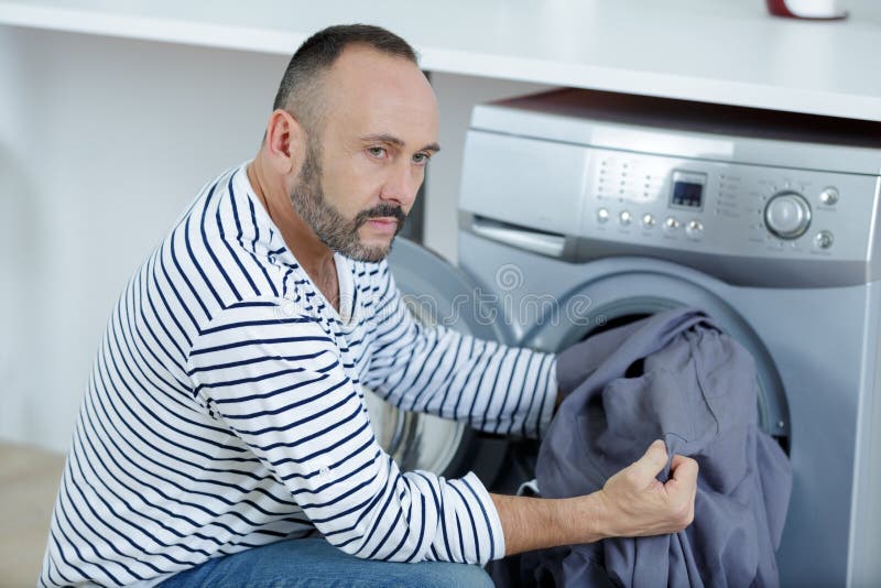 Man Portrait Thinking about Washing Machine Stock Photo - Image of ...