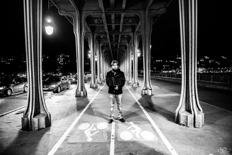 Man Portrait Under Bridge in Paris Stock Image - Image of lights ...