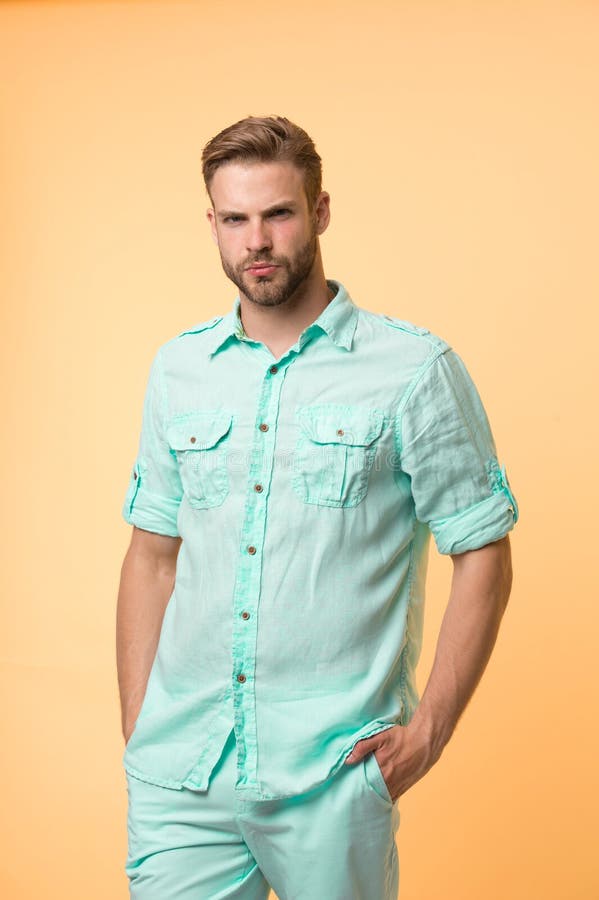 Man Pose in Casual Style Wear. Handsome Man with Beard and Hairstyle ...