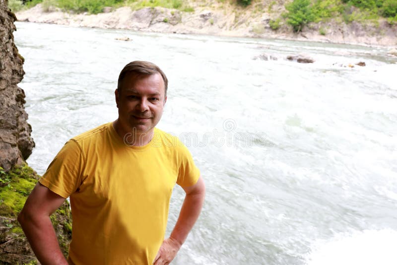 Man Posing on Bank of Belaya River in Granite Gorge Stock Image - Image ...
