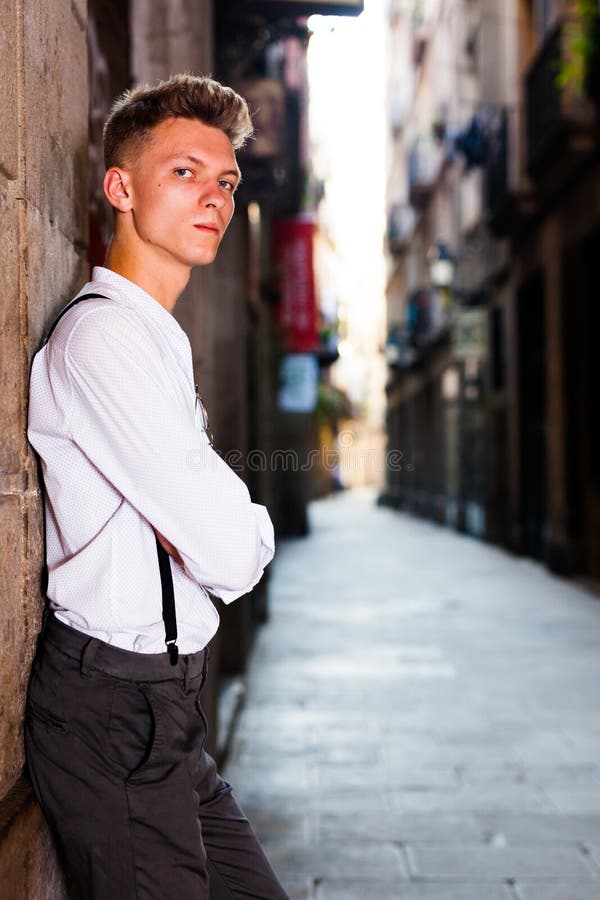 Man Posing in Gothic Quarter of Barcelona Stock Photo - Image of shirt ...