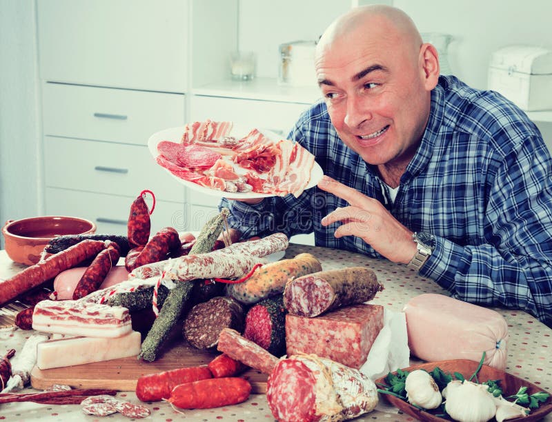 Man Posing with a Plate of Cold Cuts Stock Image - Image of cold, bald ...
