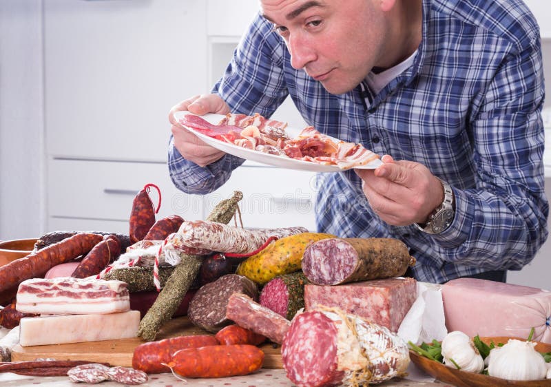 Man Posing with a Plate of Cold Cuts Stock Image - Image of dinner ...