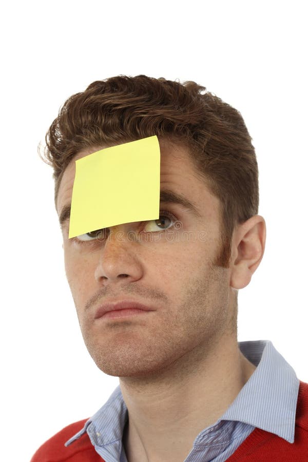 Man with Post it on His Forehead Stock Photo - Image of face, adult ...