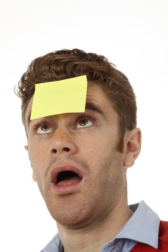 Man with Post it on His Forehead Stock Image - Image of empty, paper ...
