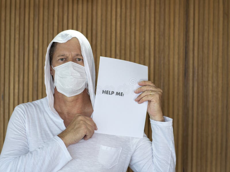 Man with Poster, Help Me, I Need Help. Stock Image - Image of mask ...