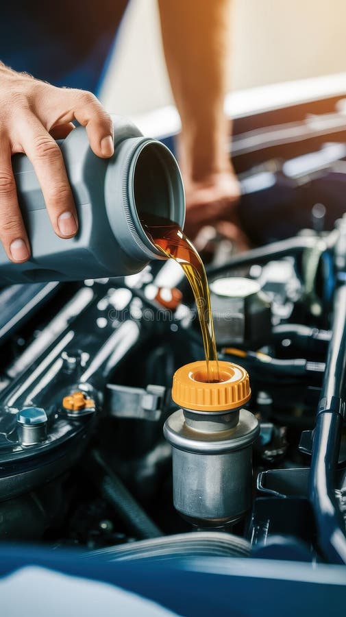 Man Pouring Motor Oil into Engine Bay during Routine Car Maintenance ...