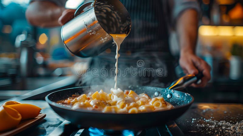 A Man Pouring Pasta into a Pan Stock Photo - Image of macaroni, stir ...