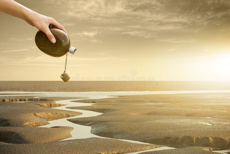 A Man Pours Water from a Flask on a Dried River Stock Image - Image of ...