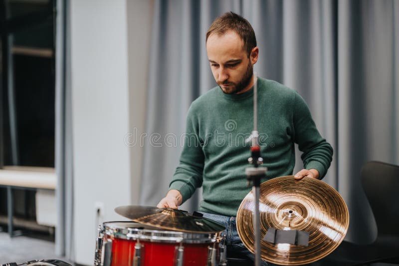 Man Playing Drums Music Studio Focused Expression Stock Photos - Free ...