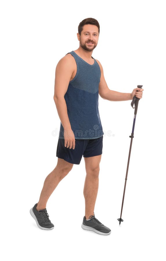 Man Practicing Nordic Walking with Pole Isolated on White Stock Image ... Man Practicing Nordic Walking with Pole Isolated on White Stock Image ...