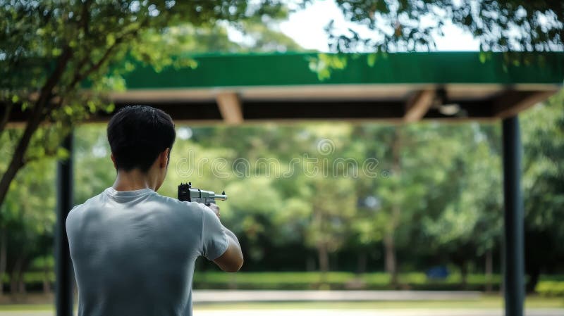 Man Practicing Shooting in an Outdoor Target Area Stock Image - Image ...