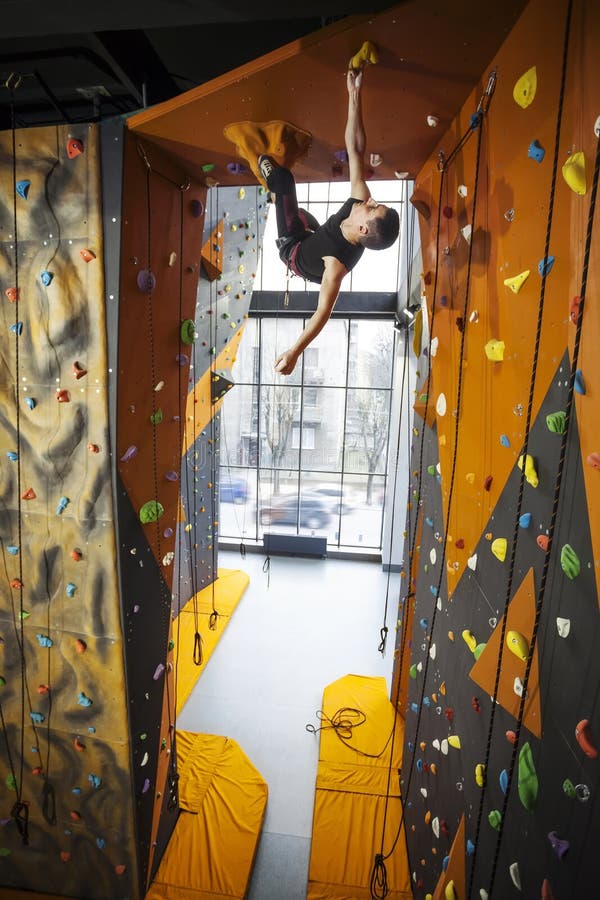 Man Practicing Top Rope Climbing in Climbing Gym Stock Image - Image of ...