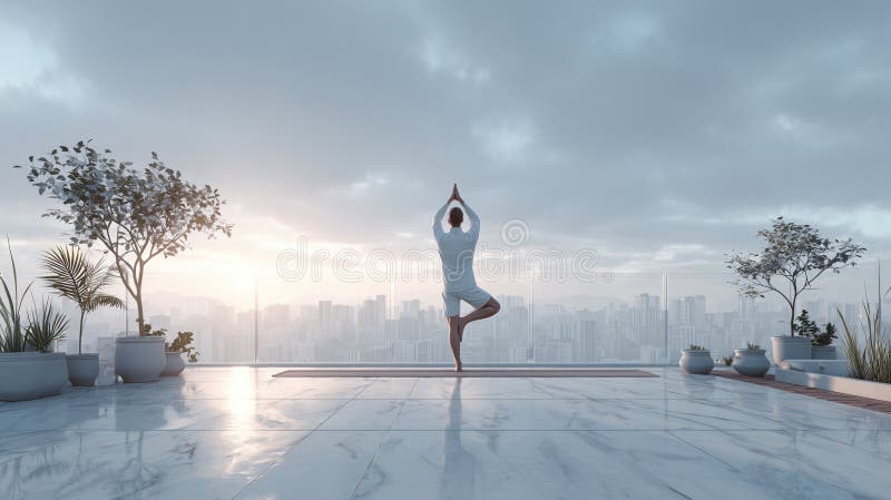 Man Practicing Yoga on Rooftop Terrace at Sunrise Stock Illustration ...