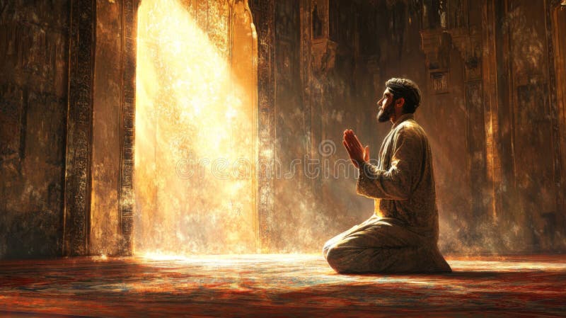 Man Praying in an Ancient Mosque Illuminated by Sunlight Stock ...