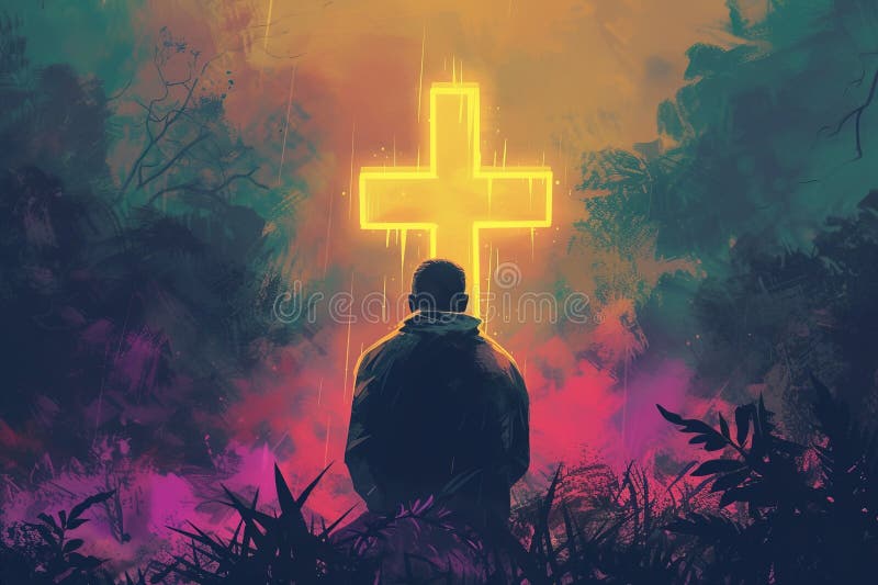 Man Praying in Front of a Cross. Generative AI Stock Illustration ...