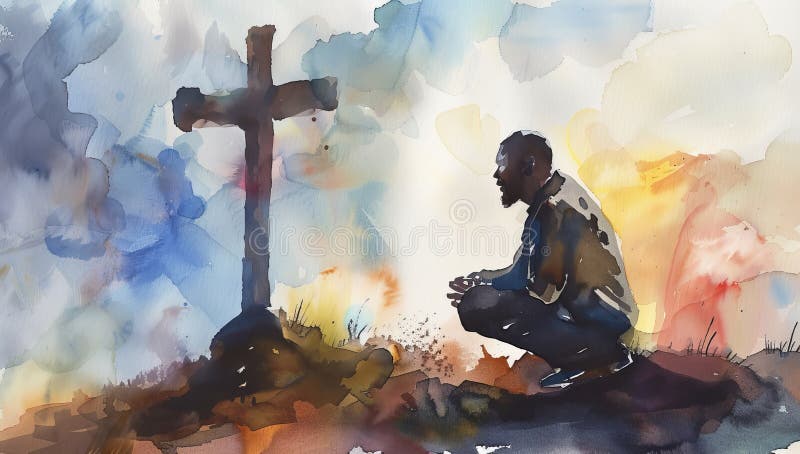 Man Praying in Front of a Cross. Generative AI. Stock Illustration ...