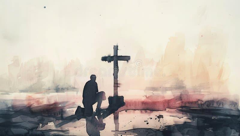 Man Praying in Front of a Cross. Generative AI. Stock Illustration ...