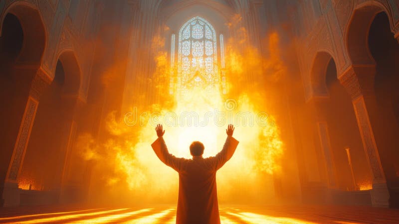 Man Praying before Glowing Window in Ancient Cathedral Stock ...