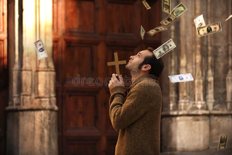 Man Praying and Money Falling from the Sky Stock Image - Image of faith ...