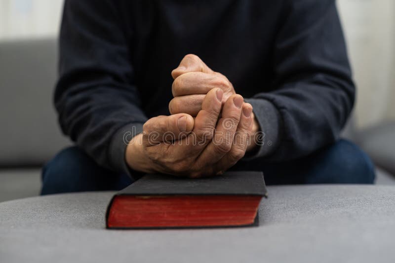 Man Praying and Reading Bible at Home. Stock Photo - Image of book ...