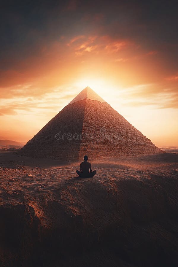A Man Praying in Solitude Atop an Ancient Pyramid Under a Fiery Sunset ...