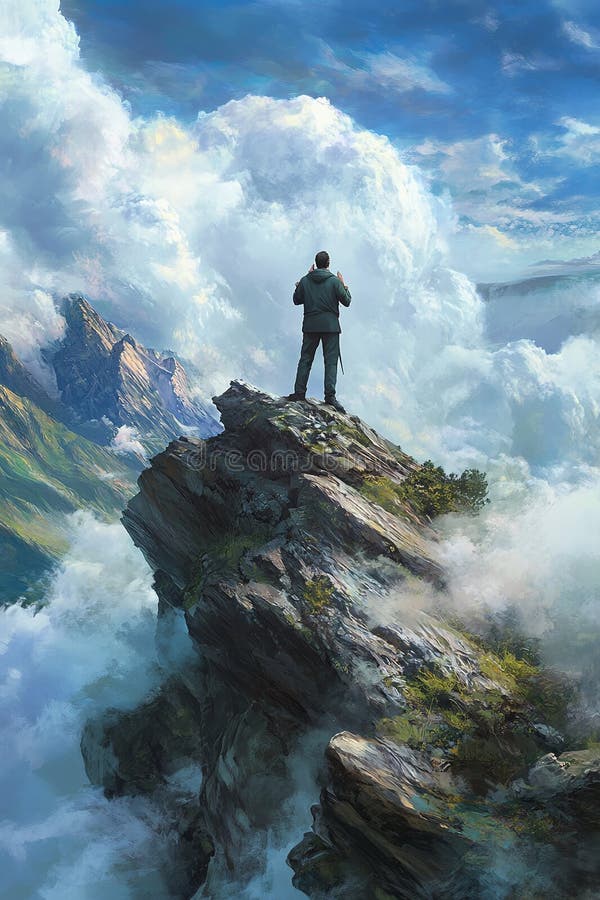 A Man Praying at the Summit of a Mountain Surrounded by Clouds and ...