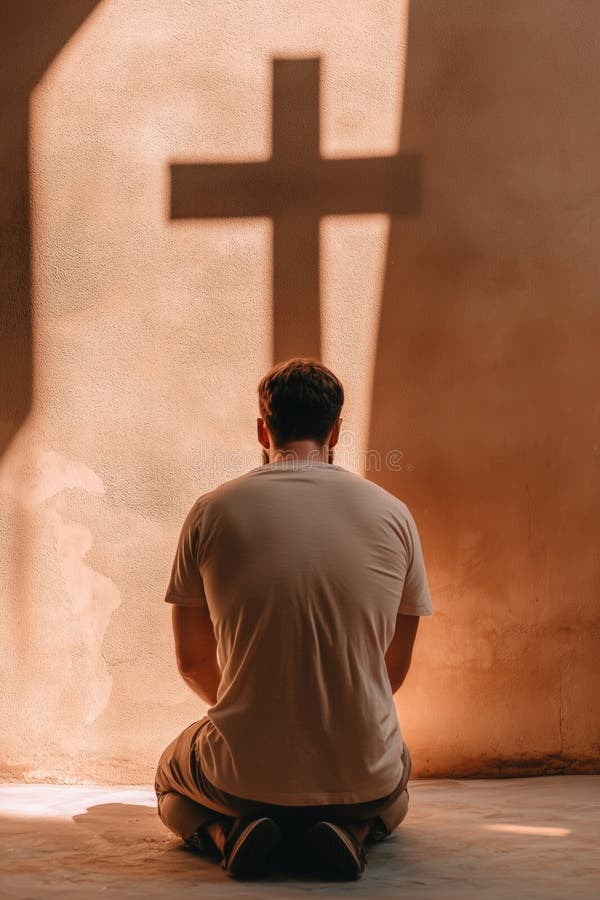 Man Praying in Sunlit Room with Cross Shadow on Wall Stock Photo ...