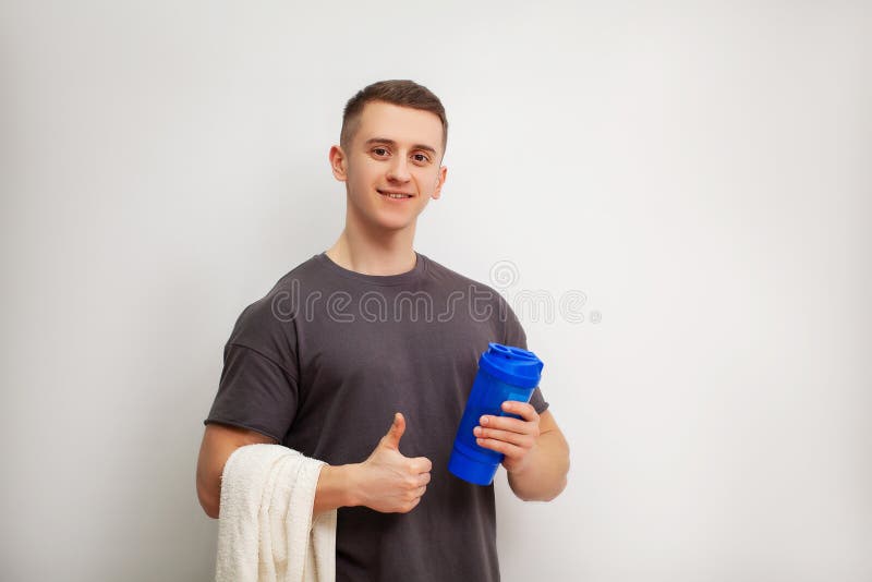 Man Prepares a Protein Shake in the Shaker after Training Stock Photo ...