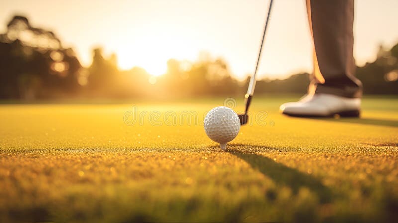 A Man Prepares To Hit the Ball at Sunset on the Golf Course Stock ...