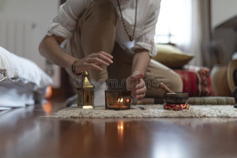Man Prepares Typical Meditation Objects Stock Photo - Image of ...