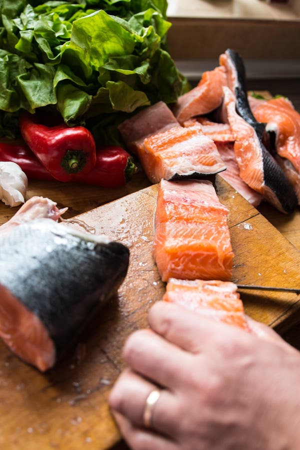 Man Preparing Lunch with Salmon Fresh Fish Stock Image - Image of ...
