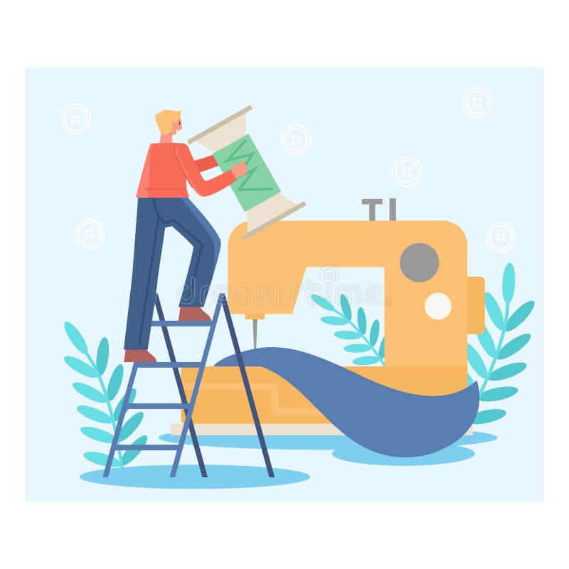 Man Preparing Sewing Machine for Tailoring Clothes. Setting Up Sewing ...