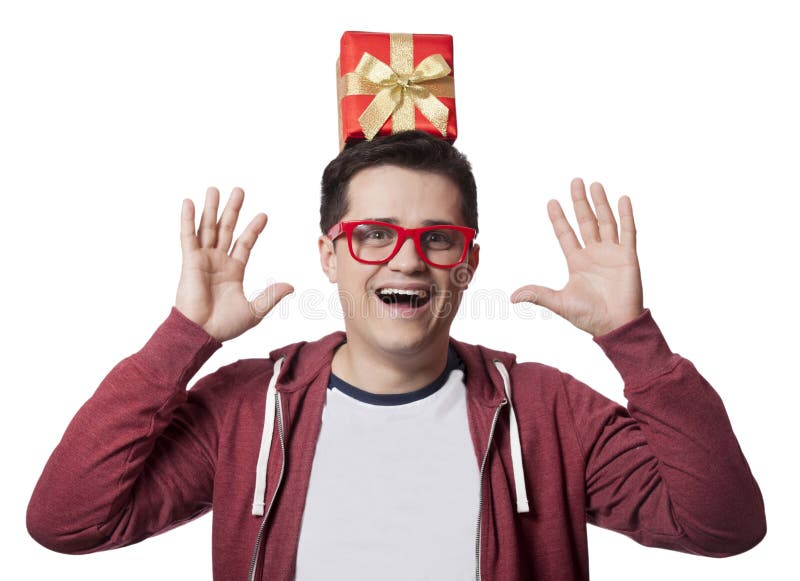 A Man with Present Box on the Head, White Background. Stock Photo ...