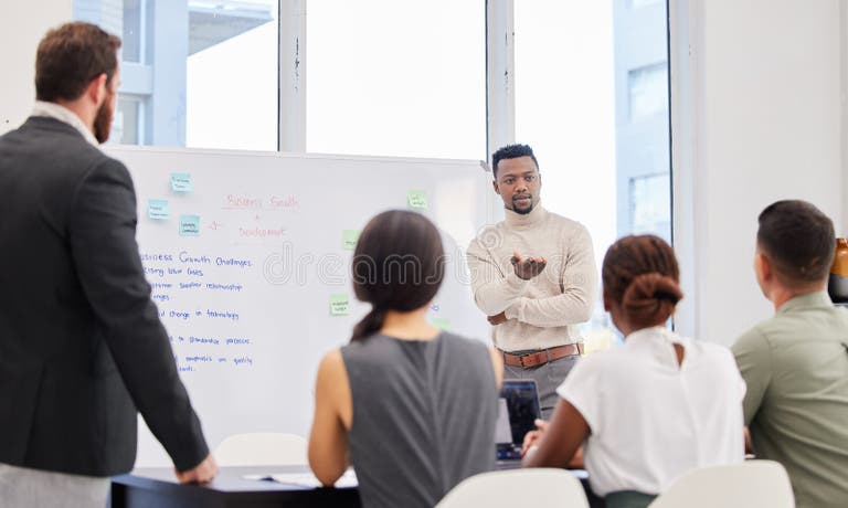 Man, Presentation and Whiteboard in Office for Workshop, Training and ...