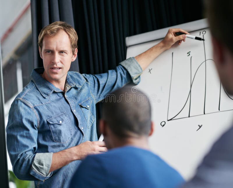 Man, Presentation and Writing with Chart, Workshop and Group of ...