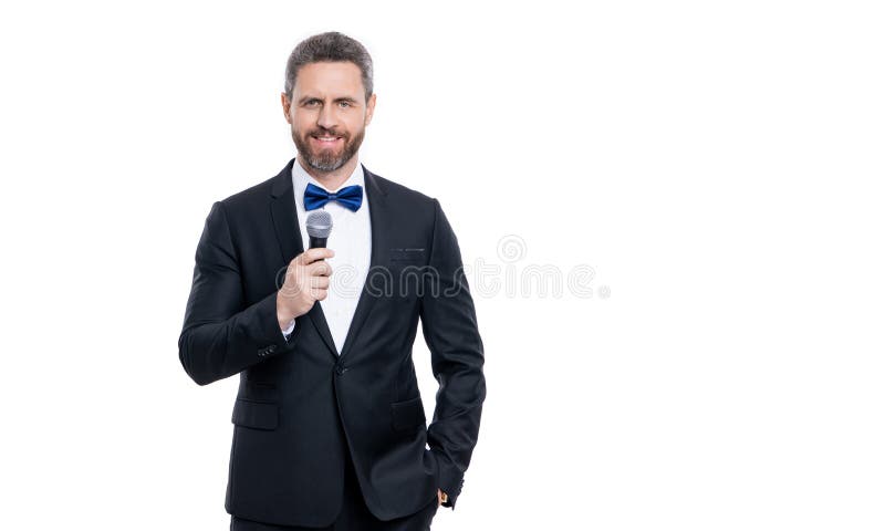 Man Presenter Wear Tuxedo in Studio with Copy Space. Presenter Man ...