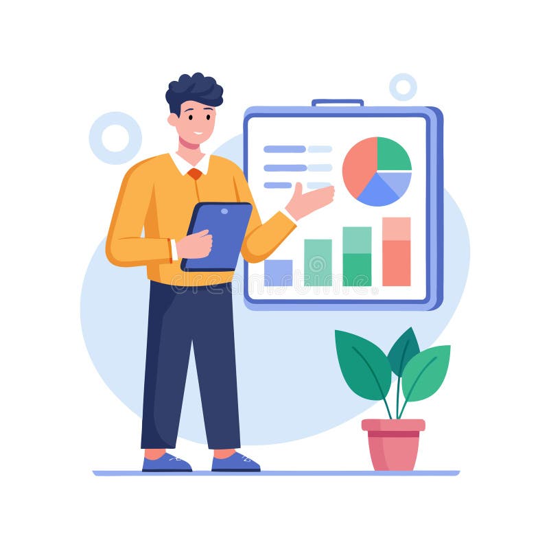 Man Presenting Business Data with a Chart on Screen, Holding Tablet ...