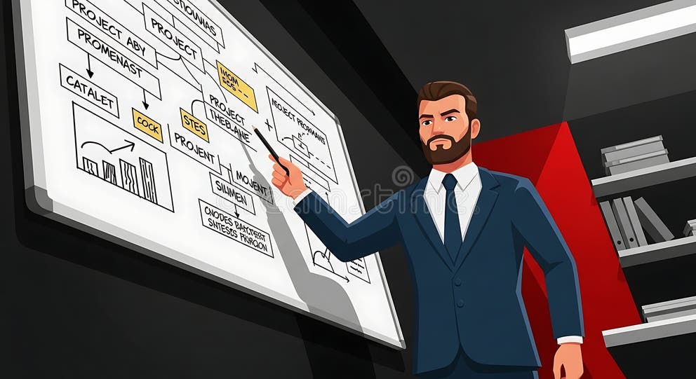 Man Presenting Business Strategy on Whiteboard with Pointer Stock ...