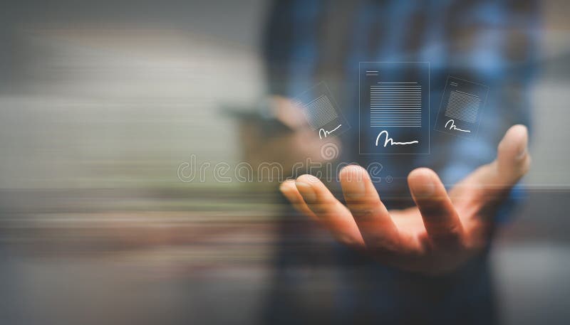Man Presenting 3D-rendered Signed Documents Icons Above His Palm ...
